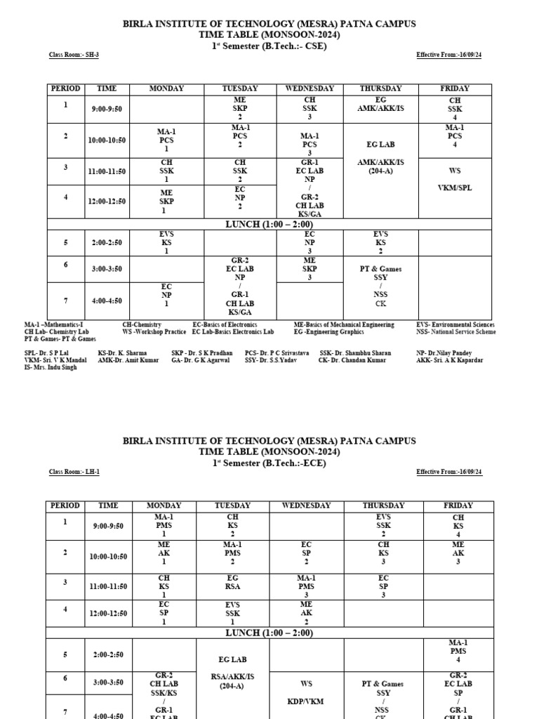 Revised Time-Table MO - 2024 ( BTech 1st Sem) | PDF
