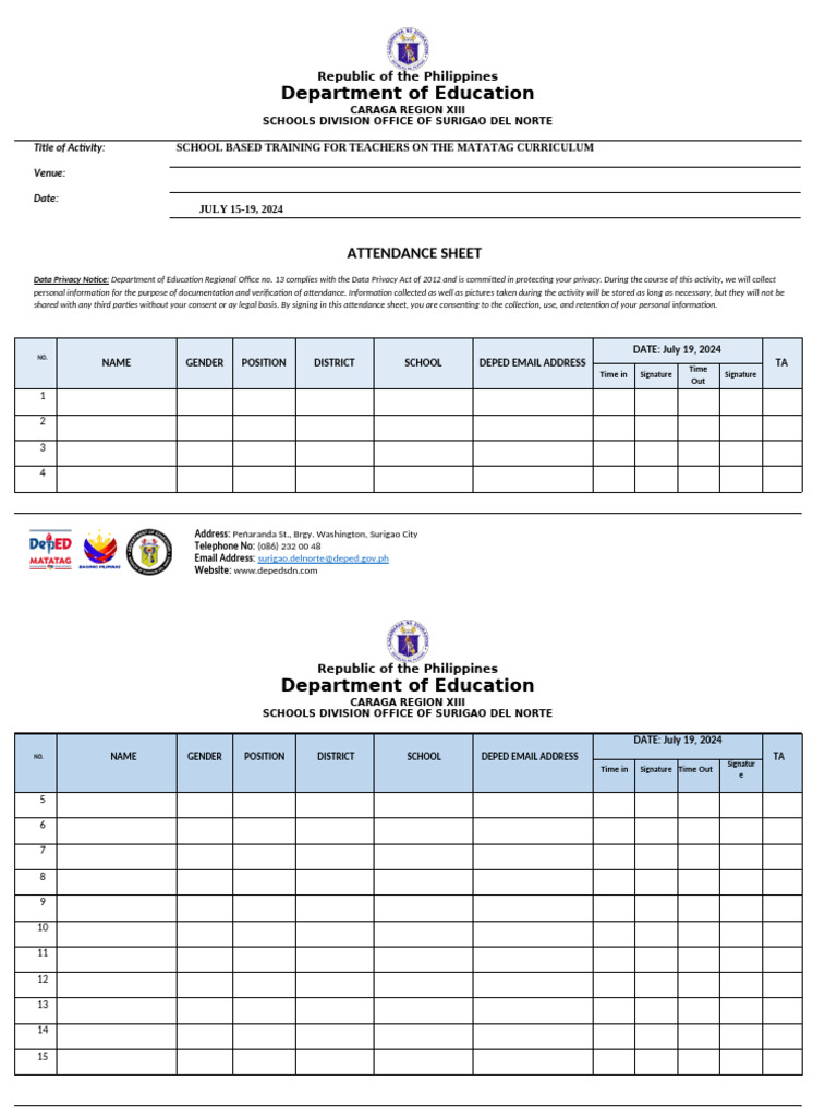 ATTENDANCE SHEETS-SBTT | PDF | Information Privacy | Privacy