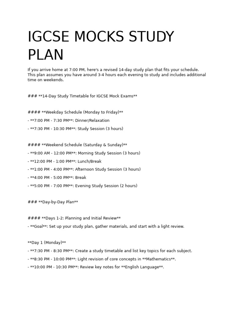 IGCSE MOCKS STUDY PLAN | PDF | Workweek And Weekend | Mathematics
