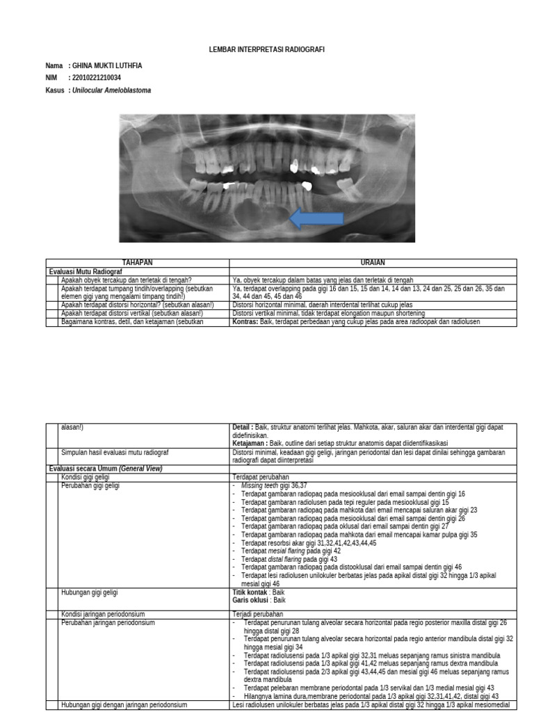 Lembar Interpretasi Radiografi Kedokteran Gigi 1. GHINA LUTHFIA SEPT | PDF