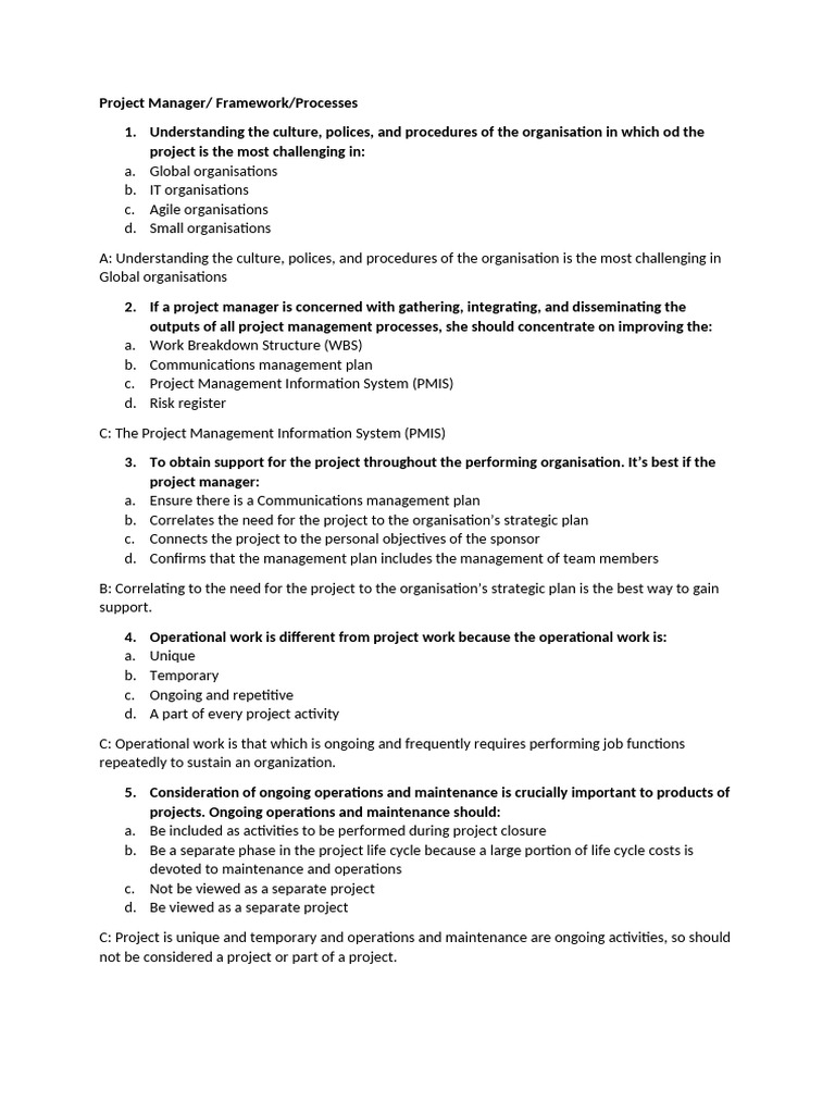 Questions PM Processes Answers | PDF | Project Management | Business