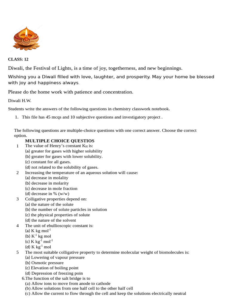 Diwali Holiday Homework For Class 12th-2024 | PDF | Acid | Chemical ...