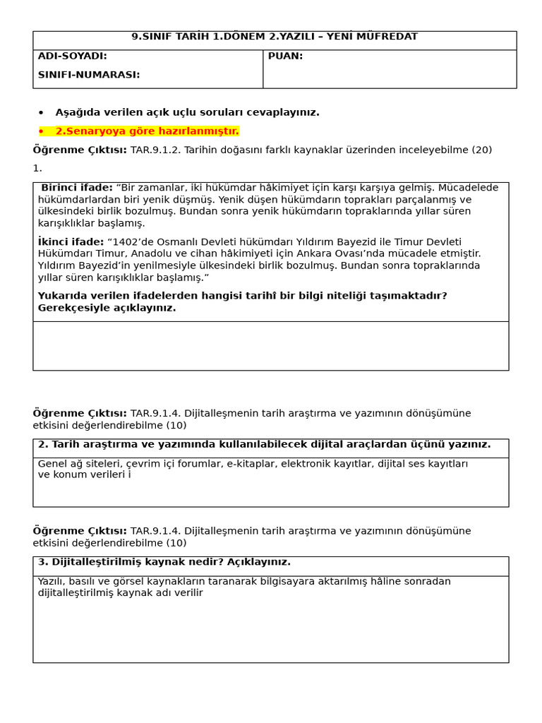 9.sinif Tarih 1.donem 2.yazili 2025 Acik Uclu Yeni | PDF