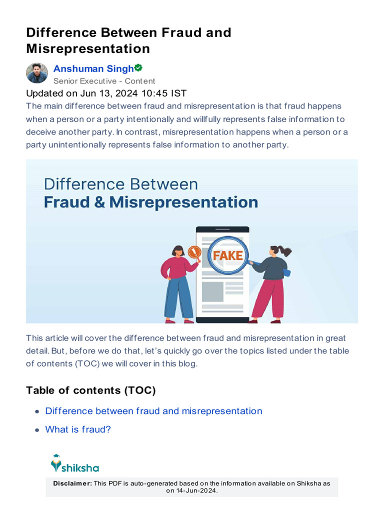 Difference Between Fraud and Misrepresentation: Anshuman Singh | PDF