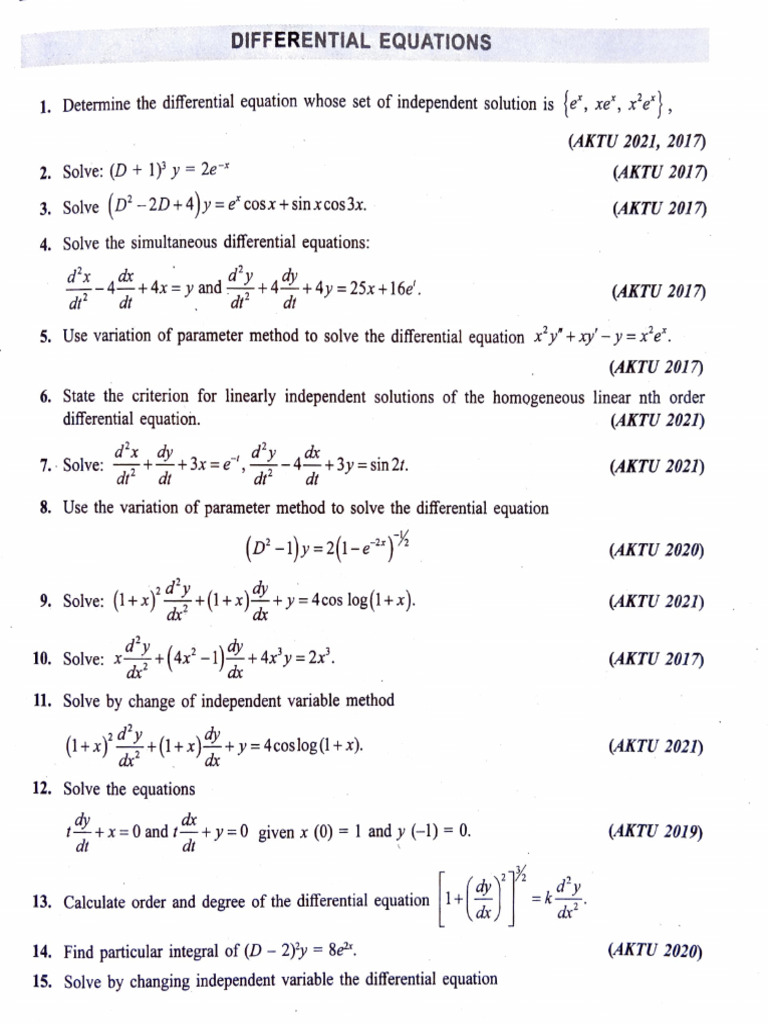 University Question - Differential Equation | PDF | Equations ...