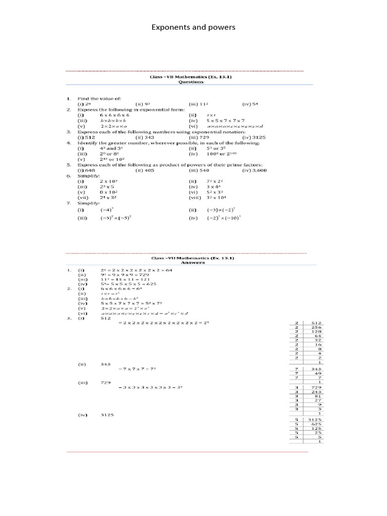 Exponents and Powers NCERT 7 GRADE QUESTIONS | PDF