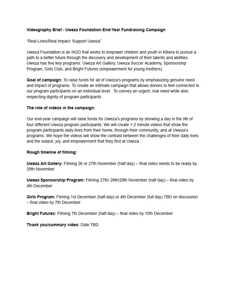 Videography Brief - Uweza Foundation End-Year Fundraising Campaign | PDF