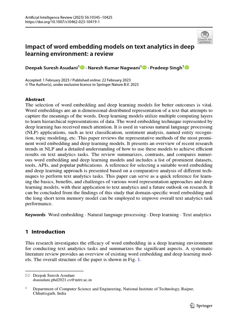 Impact of Word Embedding Models On Text Analytics in Deep Learning Environment: A Review | PDF ...