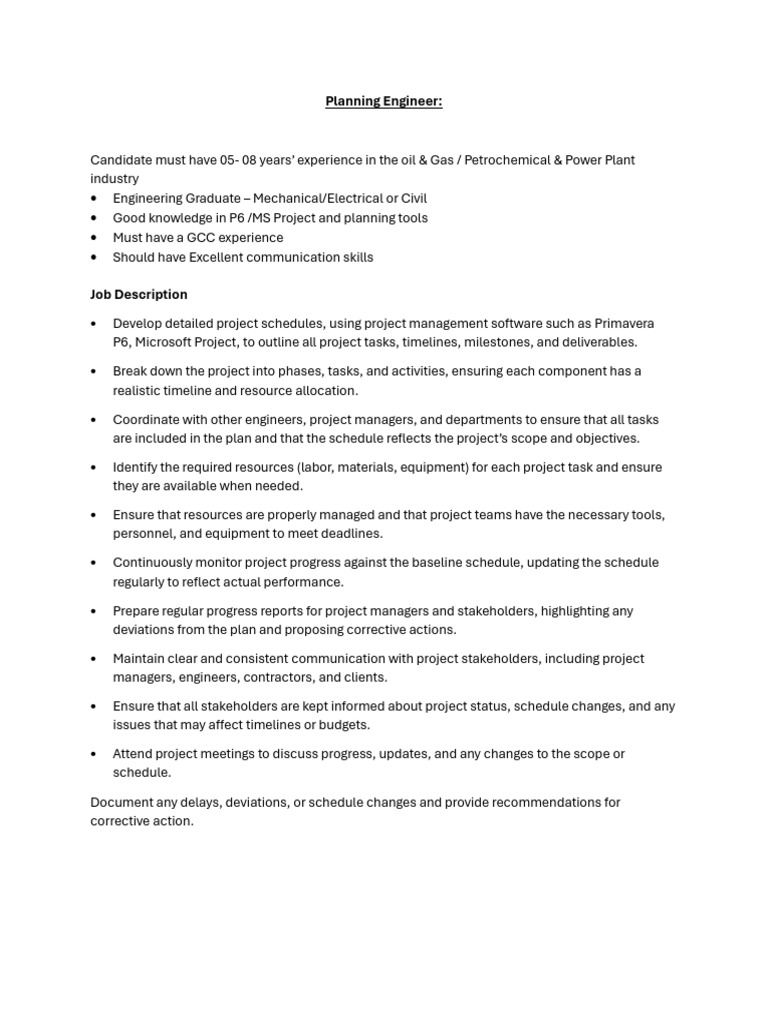 Oil & Gas Planning Engineer Role | PDF