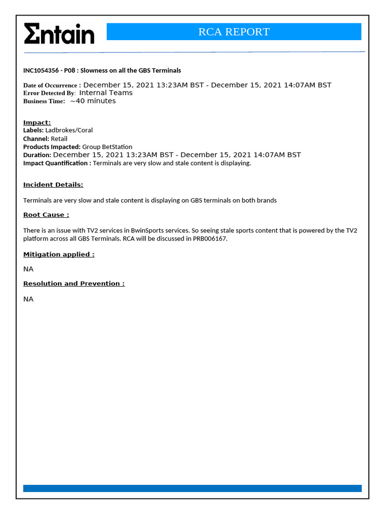RCA - INC1054356 - P08 Slowness on all the GBS Terminals | PDF