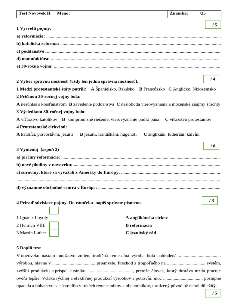 Test Reformácia Novovek | PDF