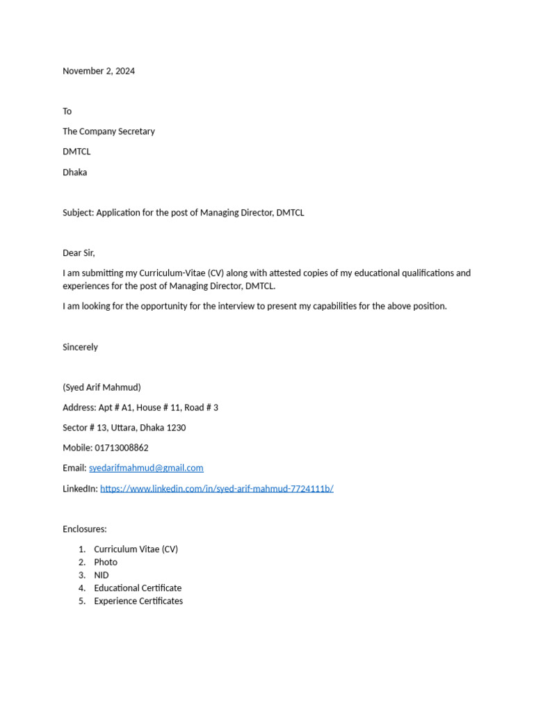 Cover Letter DMTCL Cell | PDF