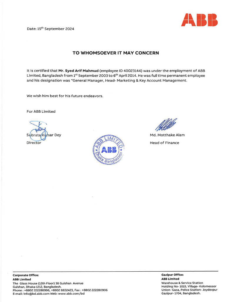 Experience Certificate - Syed Arif Mahmud ABB | PDF