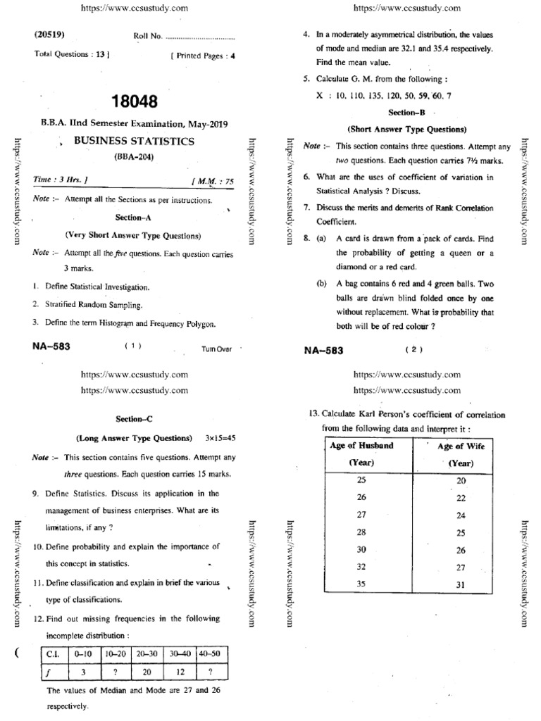 Bba 2 Sem Business Statistics 18048 May 2019 | PDF