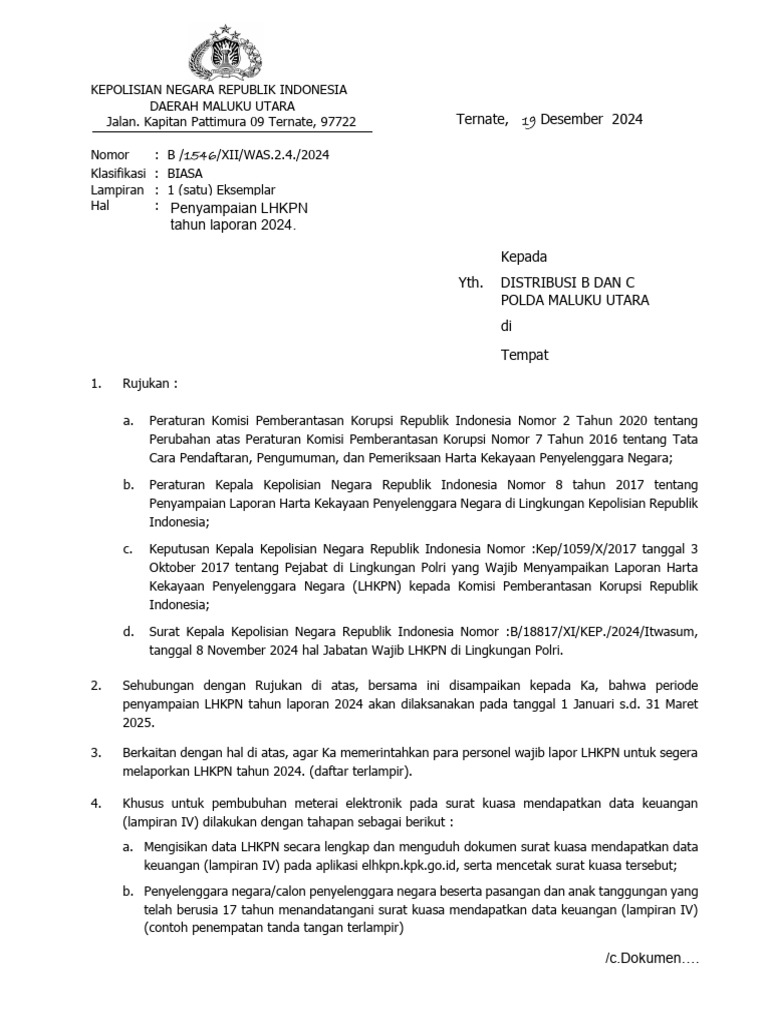 Surat Penyampaian Pelaporan Lhkpn Tahun Lapor 2024 | PDF