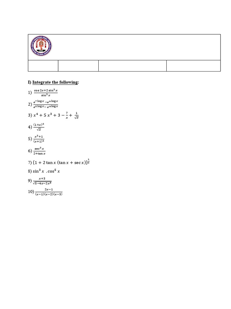 Mathematics Worksheet on Integrals | PDF