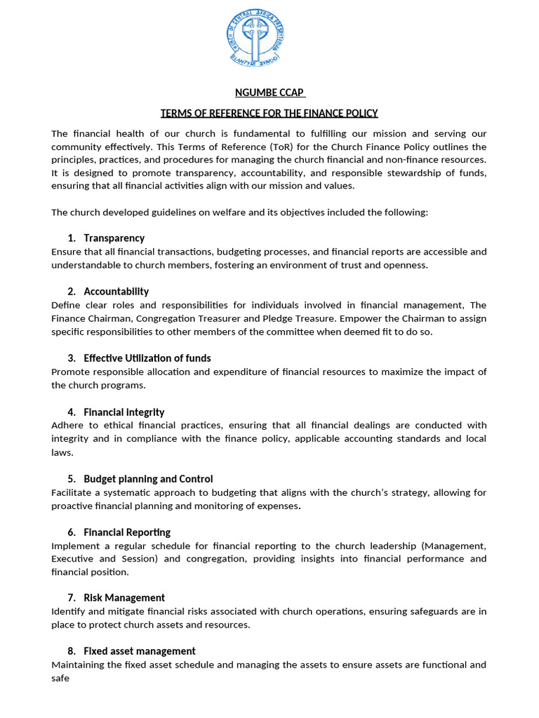 Church Finance Policy Terms of Reference | PDF | Expense | Budget