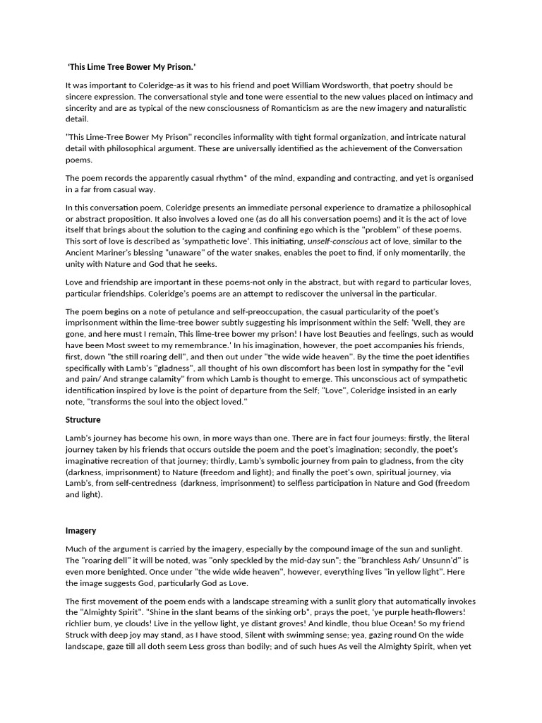 This Lime Tree Bower My Prison Notes On The Poem | PDF