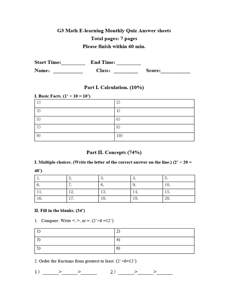 G3 Math E-Learning Monthly Quiz Answer Sheets | PDF