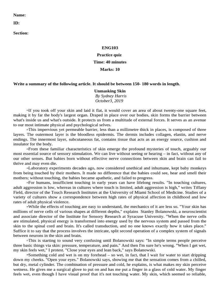 Sample Assessment SUMMARY Answer Key | PDF | Skin | Neuron