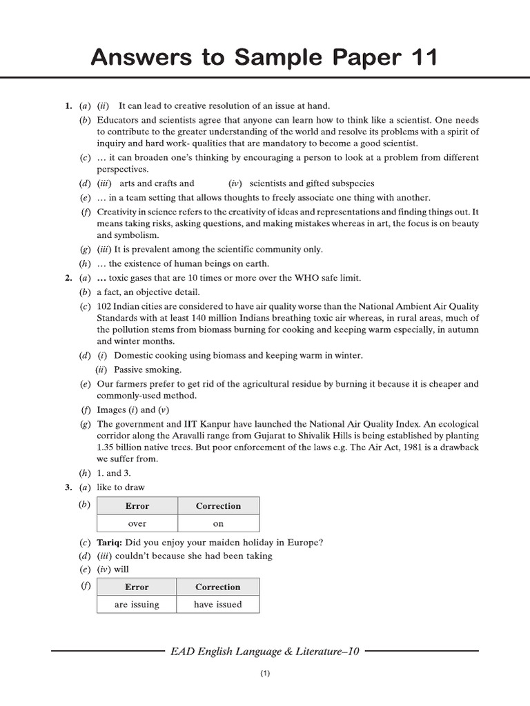 Cbse Cl10 Ead English LLR Answers To Sample Paper 11 | PDF