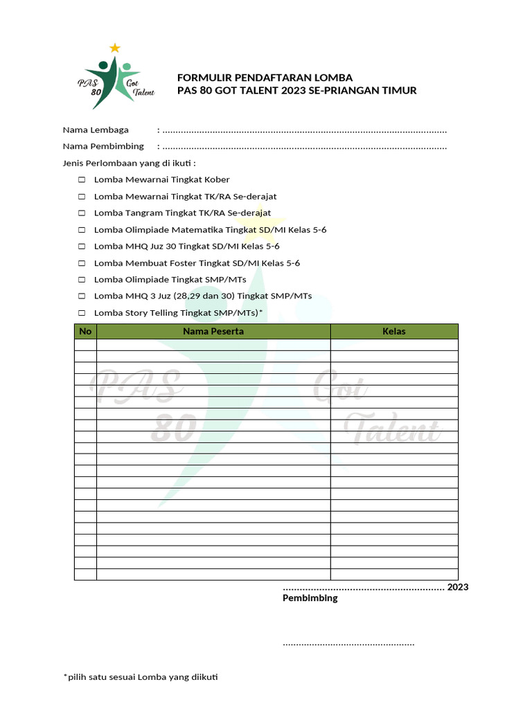 FORMULIR PENDAFTARAN LOMBA | PDF
