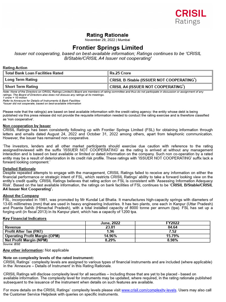 Frontier Springs Limited - Rating Rationale | PDF | Damages | Loans