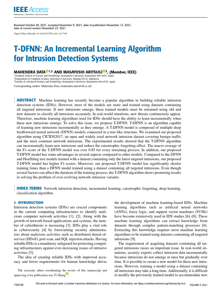 T-DFNN An Incremental Learning Algorithm For Intrusion Detection Systems | PDF | Machine ...