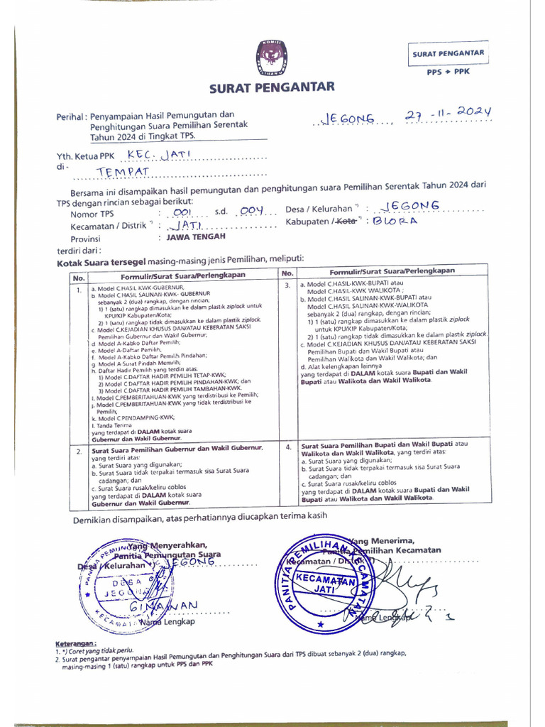 Surat Pengantar Pps Ke PPK & Kpps Ke Pps Jegong | PDF