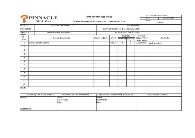 FORM - POG-PROC-POSE-2022-01 MATERIAL RECEIVING INSPECTION REPORT GOODS ...