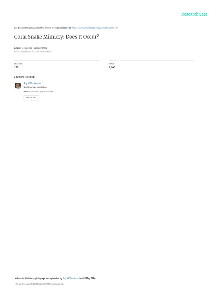 1981 Coral Snake Mimicry Science | PDF | Mimicry | Snake