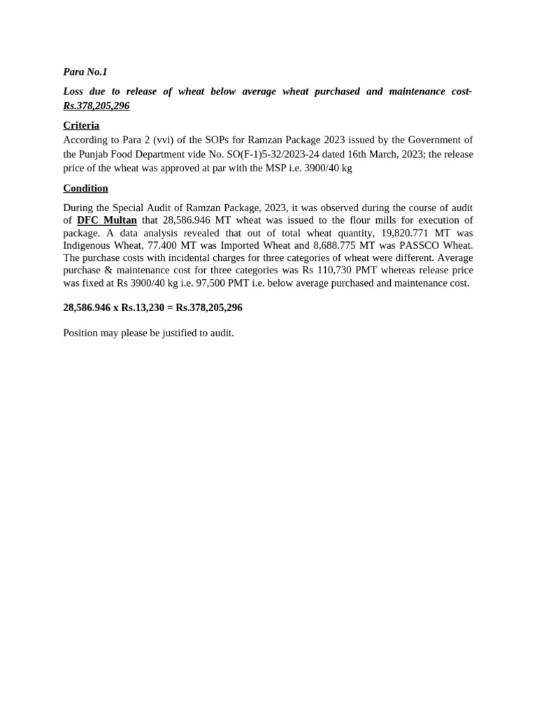 OS DFC Multan - Special Audit On Free Atta 2023 | PDF | Taxes | Expense