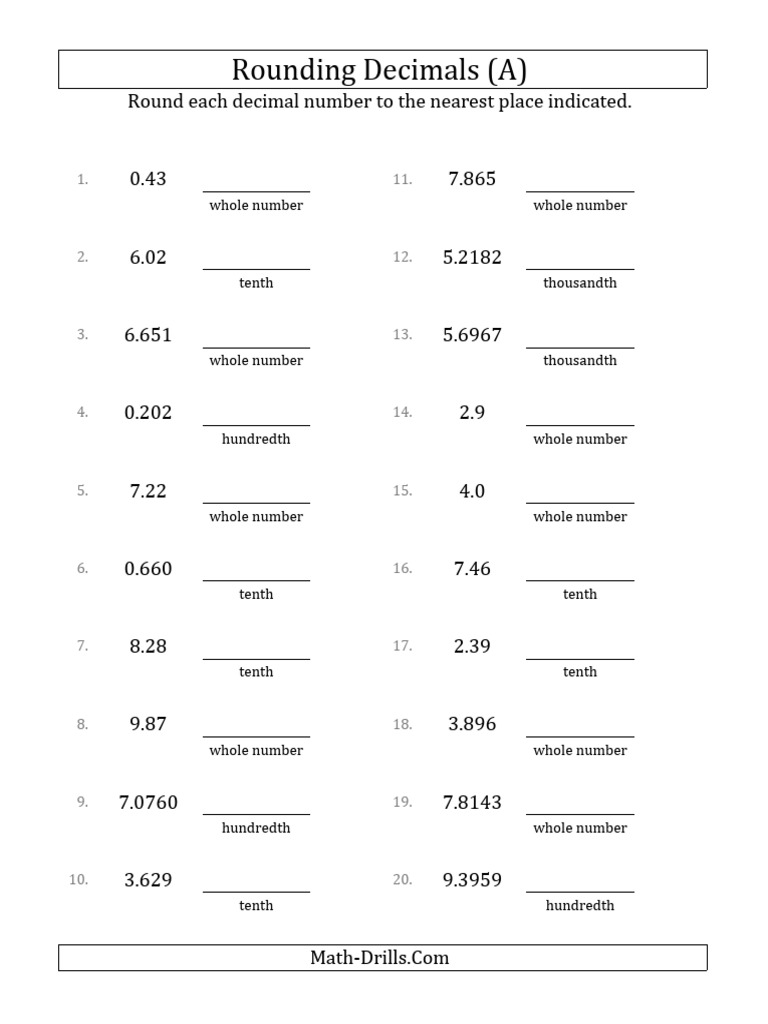 Decimals Worksheet - Rounding Various Decimals To Various Decimal ...