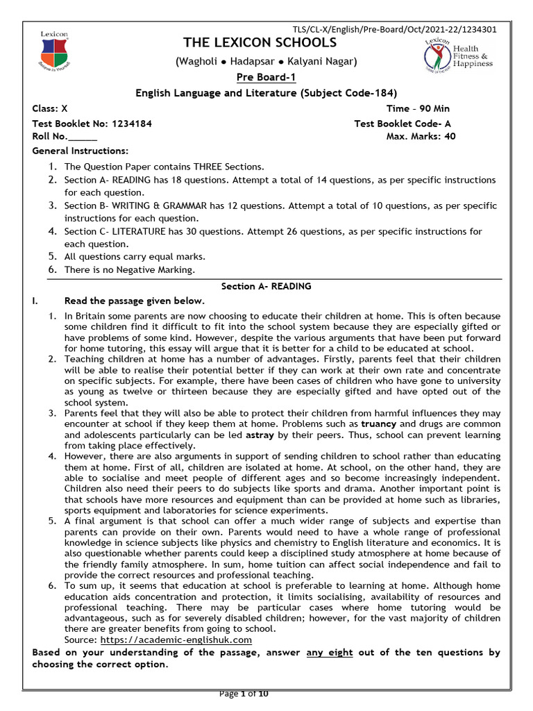 Class X English Pre-Board Exam Paper | PDF | Science | Learning