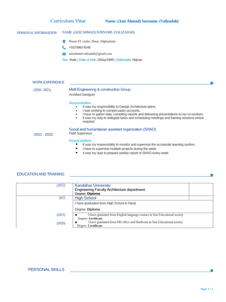 Aziz Ahmad Valizadah CV-1 | PDF | Computing
