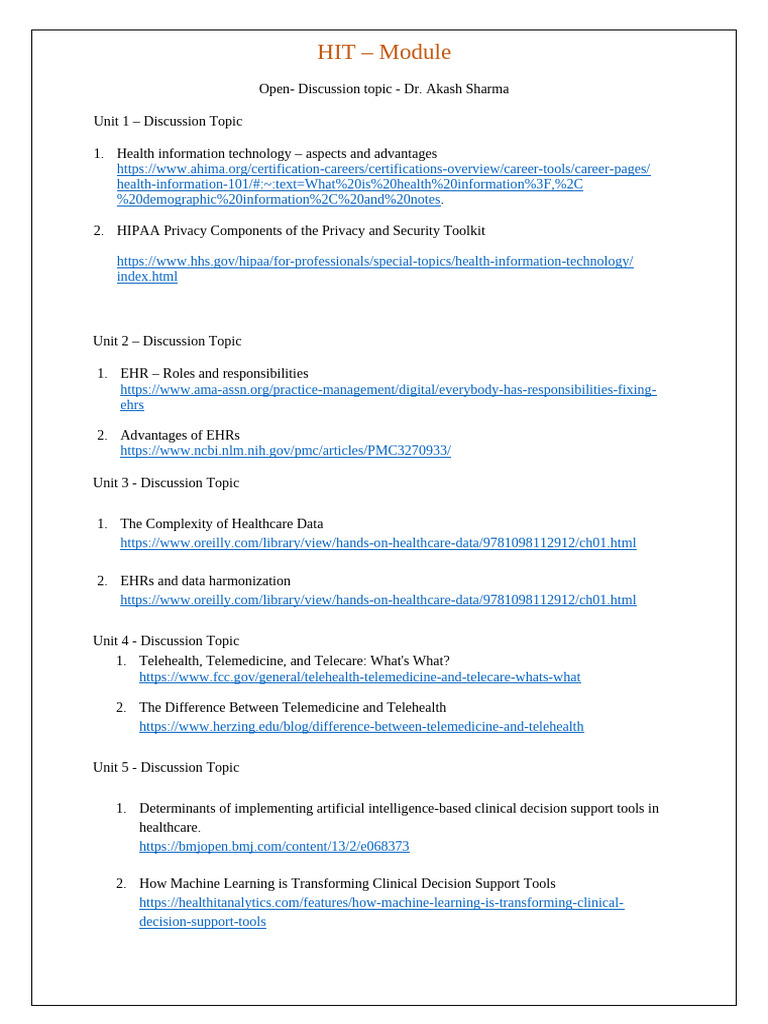 HIT Discussion Topics | PDF | Electronic Health Record | Health Informatics