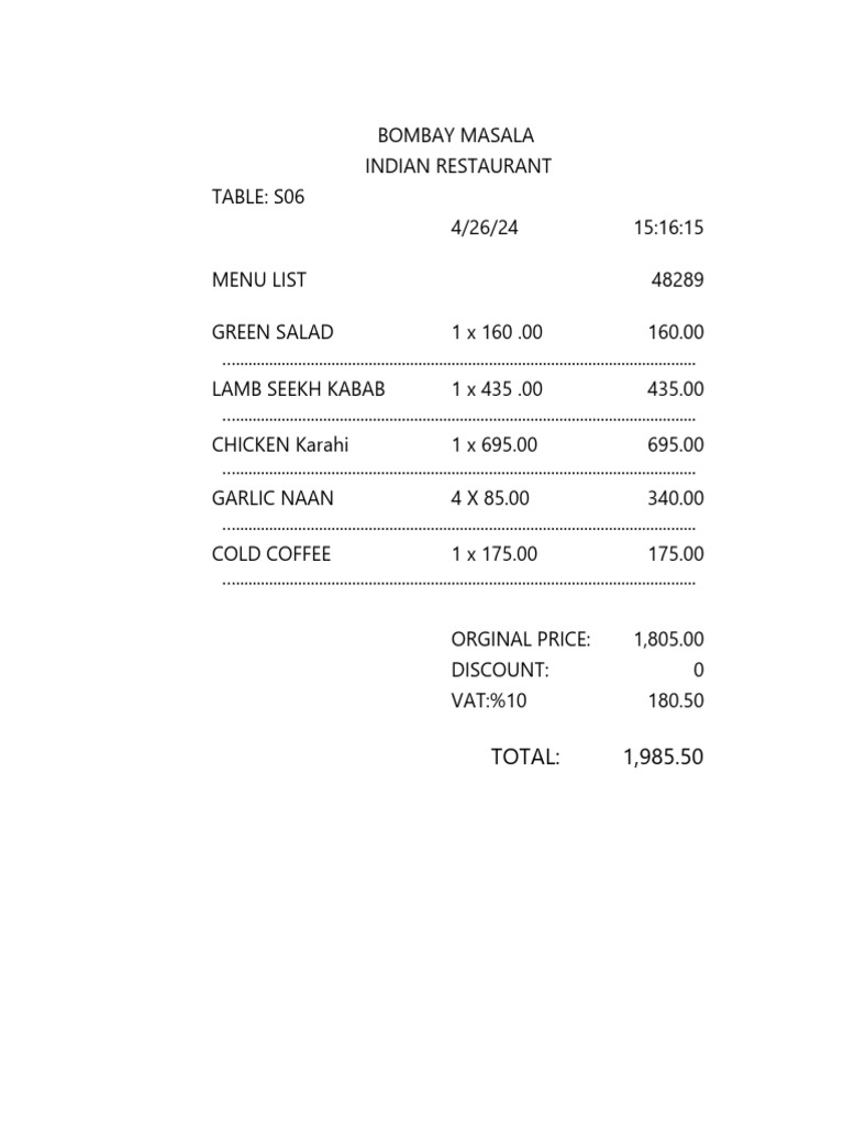Bombay Masala Restaurant Menu Summary | PDF