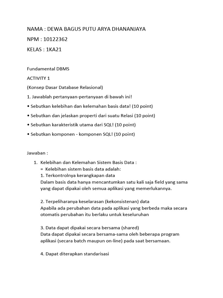 Pert1 - Act1 - Dewa Bagus Putu Arya Dhananjaya - 10122362 | PDF