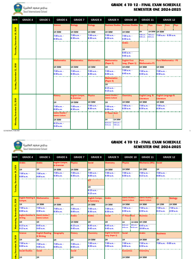 Grade 4 To 12 Final Exam Schedule For Semester One 2024-2025 | PDF | Youth | Adolescence