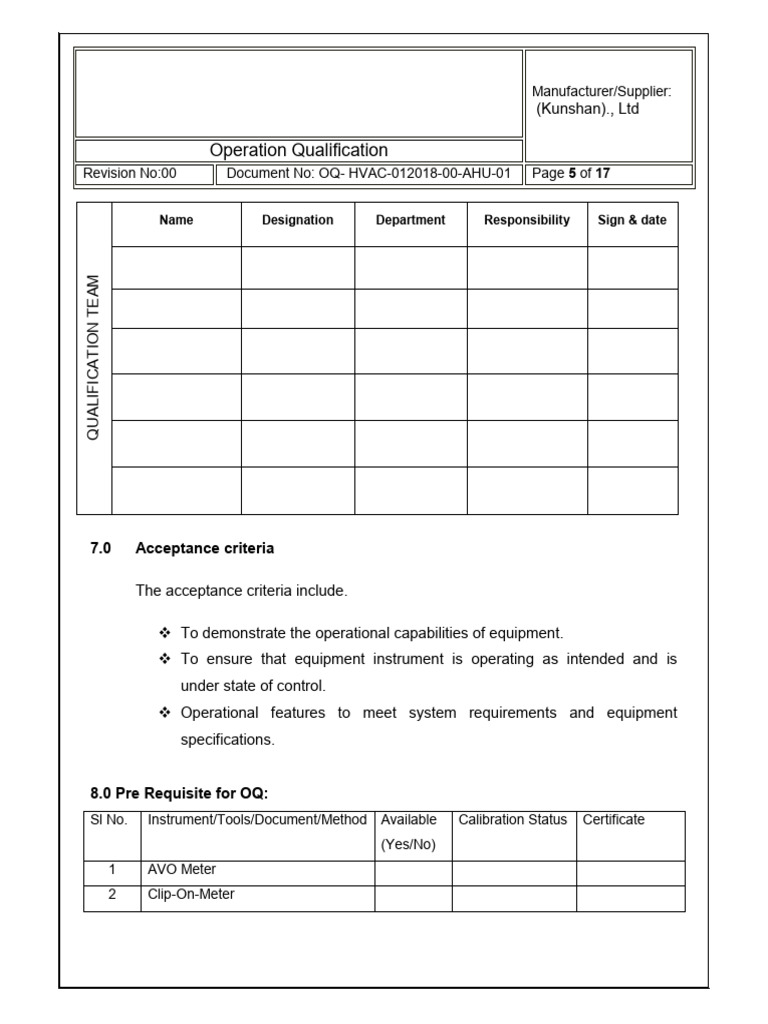 Operation Qualification: Manufacturer/Supplier | PDF