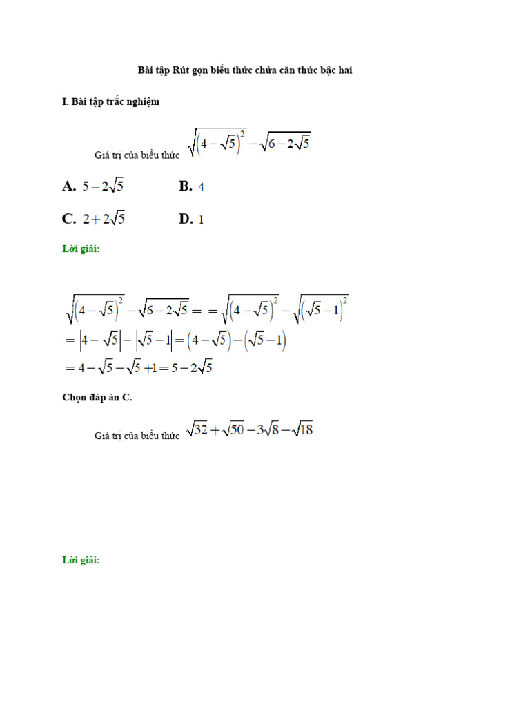 50 Bai Tap Rut Gon Bieu Thuc Chua Can Thuc Bac Hai Toan 9 Moi Nhat | PDF