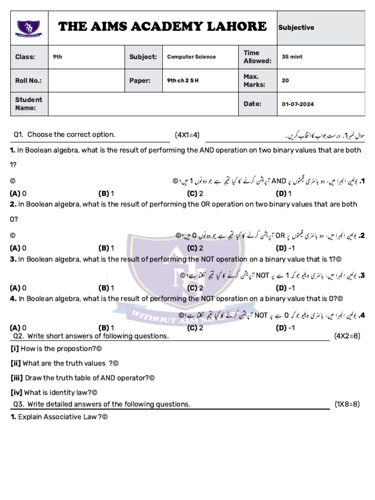 9th-Computer Science-9th CH 2 S H | PDF | Algebra | Boolean Algebra