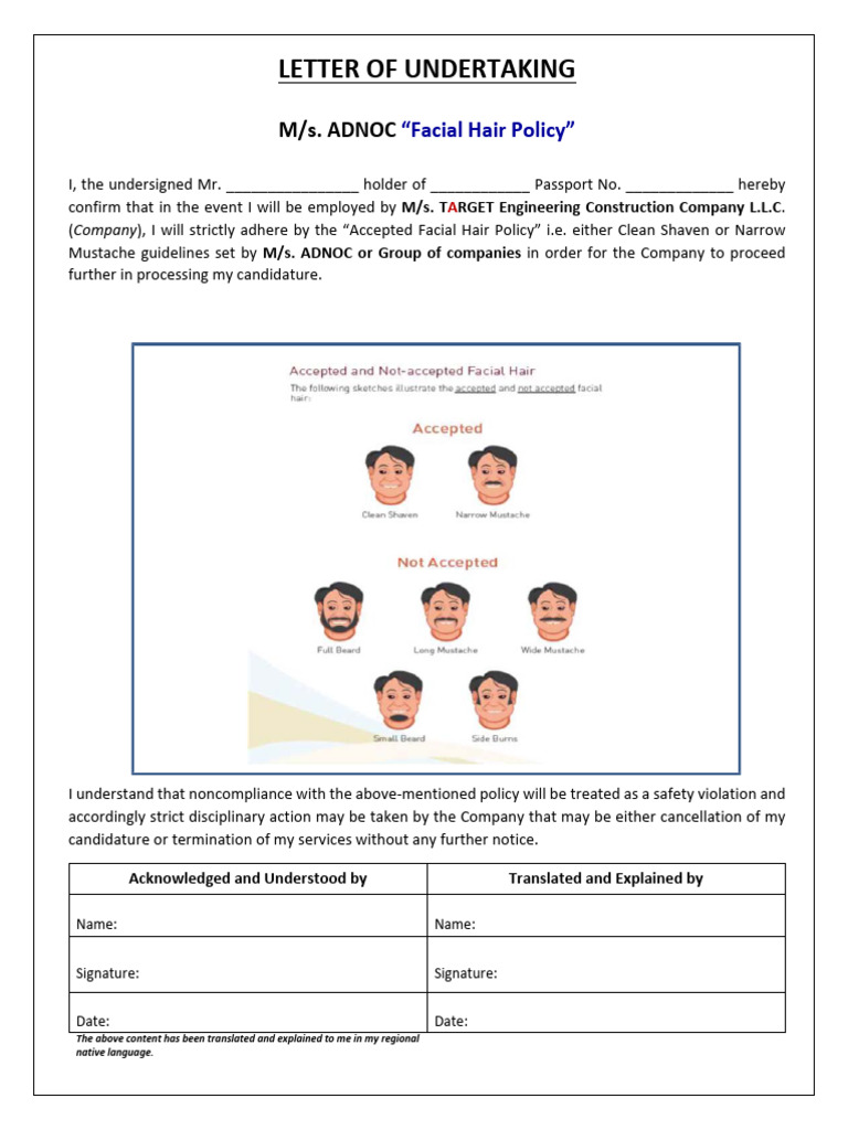 ADNOC Facial Hair Policy Acknowledgment | PDF