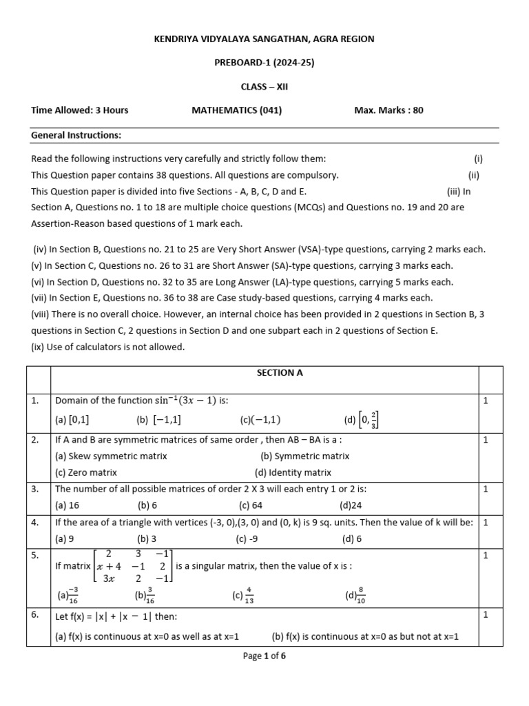 XII Maths Preboard-1 QP SET-2 | PDF | Matrix (Mathematics) | Mathematical Objects