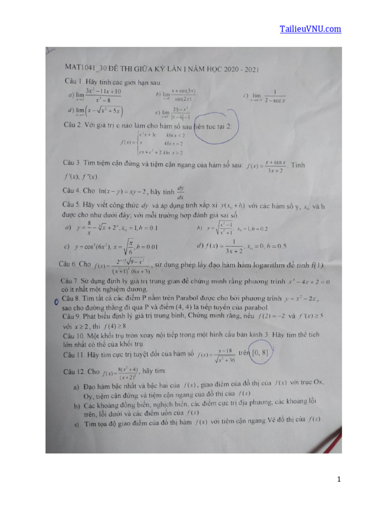 De Thi Giai Tich 1 CLC Giua Ky 1 Nam Hoc 2020 2021 - UET | PDF