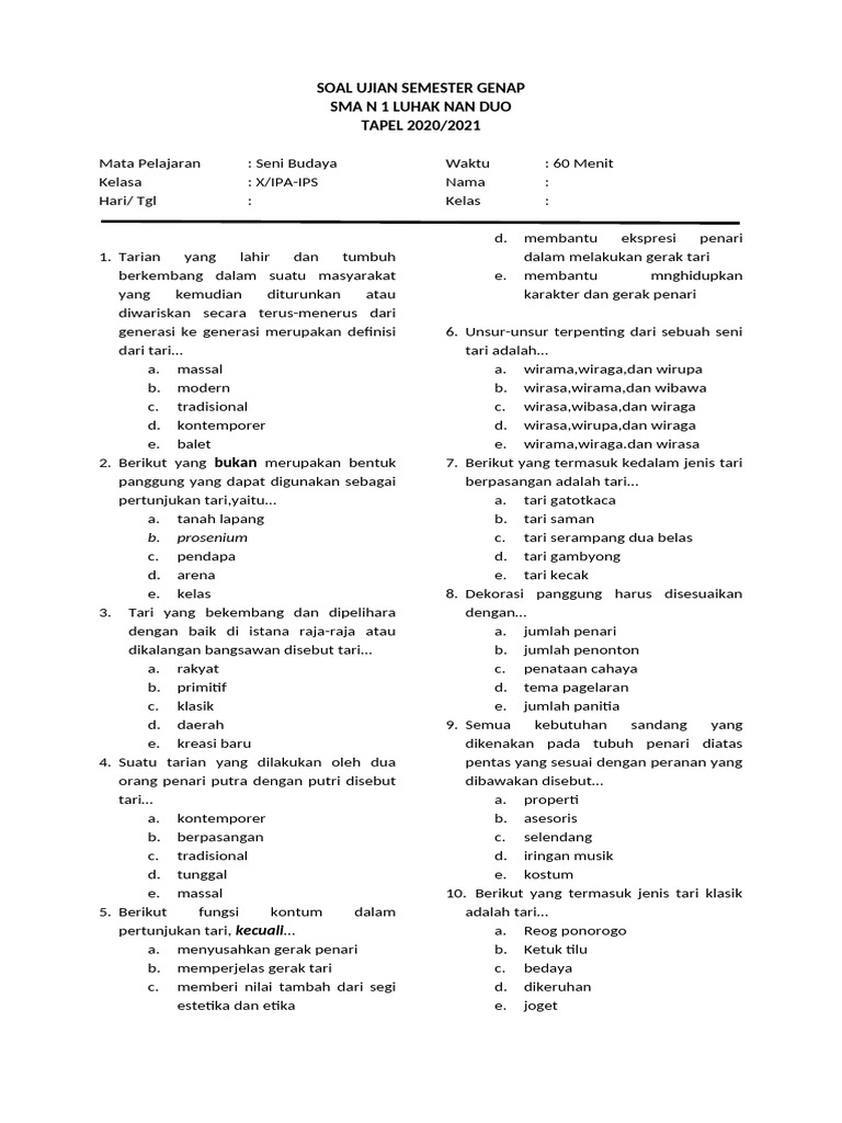 SOAL UJIAN SEMESTER GENAP SENI BUDAYA X TAP 2020-2021 | PDF