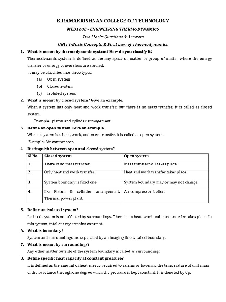 Etd 2 Marks & Answers | PDF | Heat | Second Law Of Thermodynamics