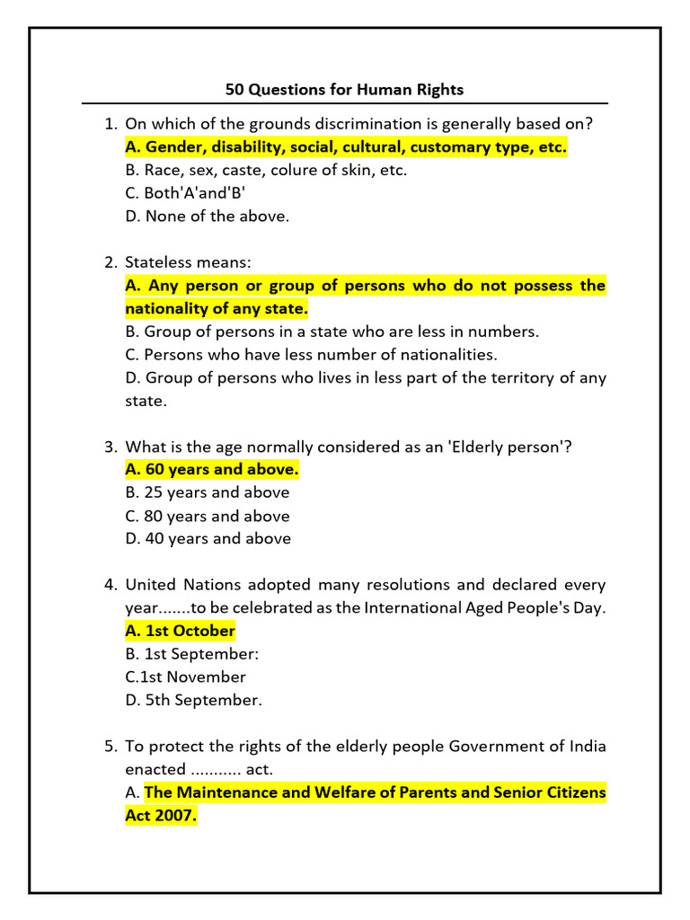 50 Questions For Human Rights | PDF | Discrimination | Children's Rights