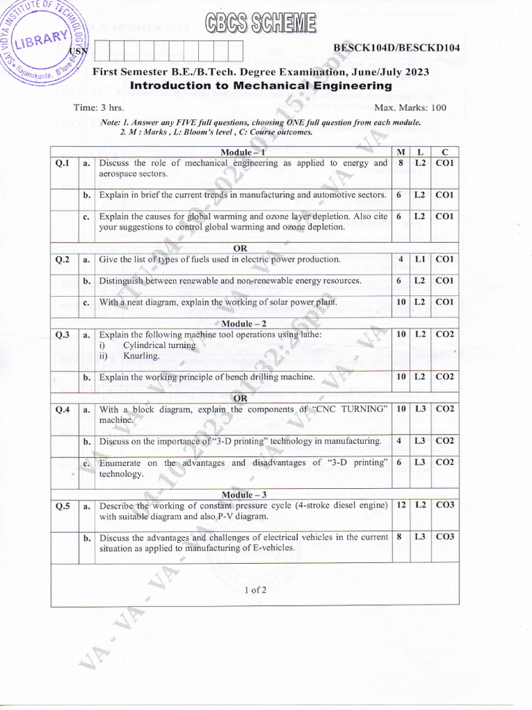 Indroduction To Mechanical Engineering BESCK104D June-July 2023 | PDF