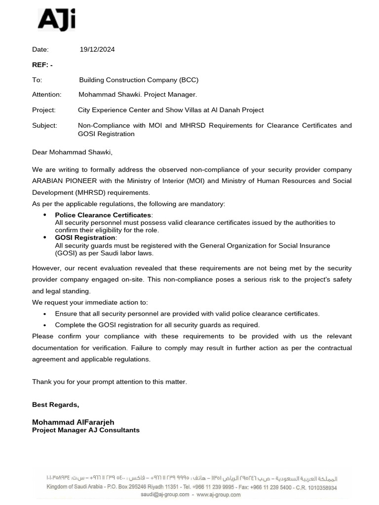 Non-Compliance With MOI and MHRSD Requirements For Clearance ...